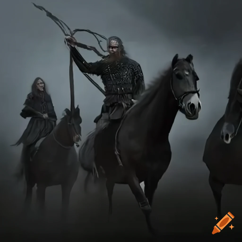 Vikings on horses riding through the air in a dark setting on Craiyon