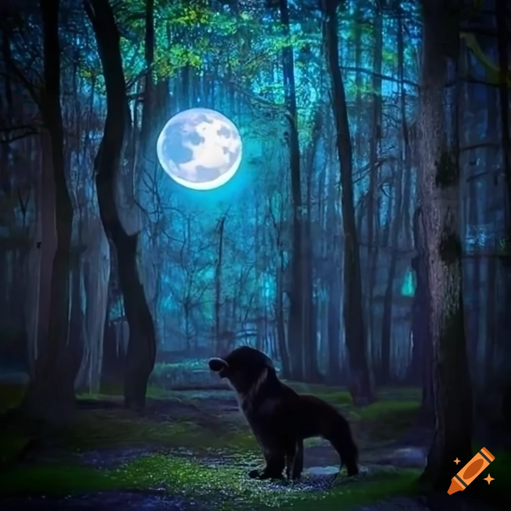 Majestic black Labrador in an enchanted forest under the moonlight on ...