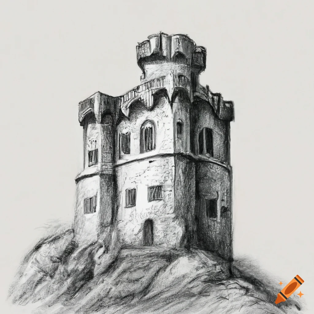 Medieval castle gatehouse and tower drawing in charcoal pencil on Craiyon