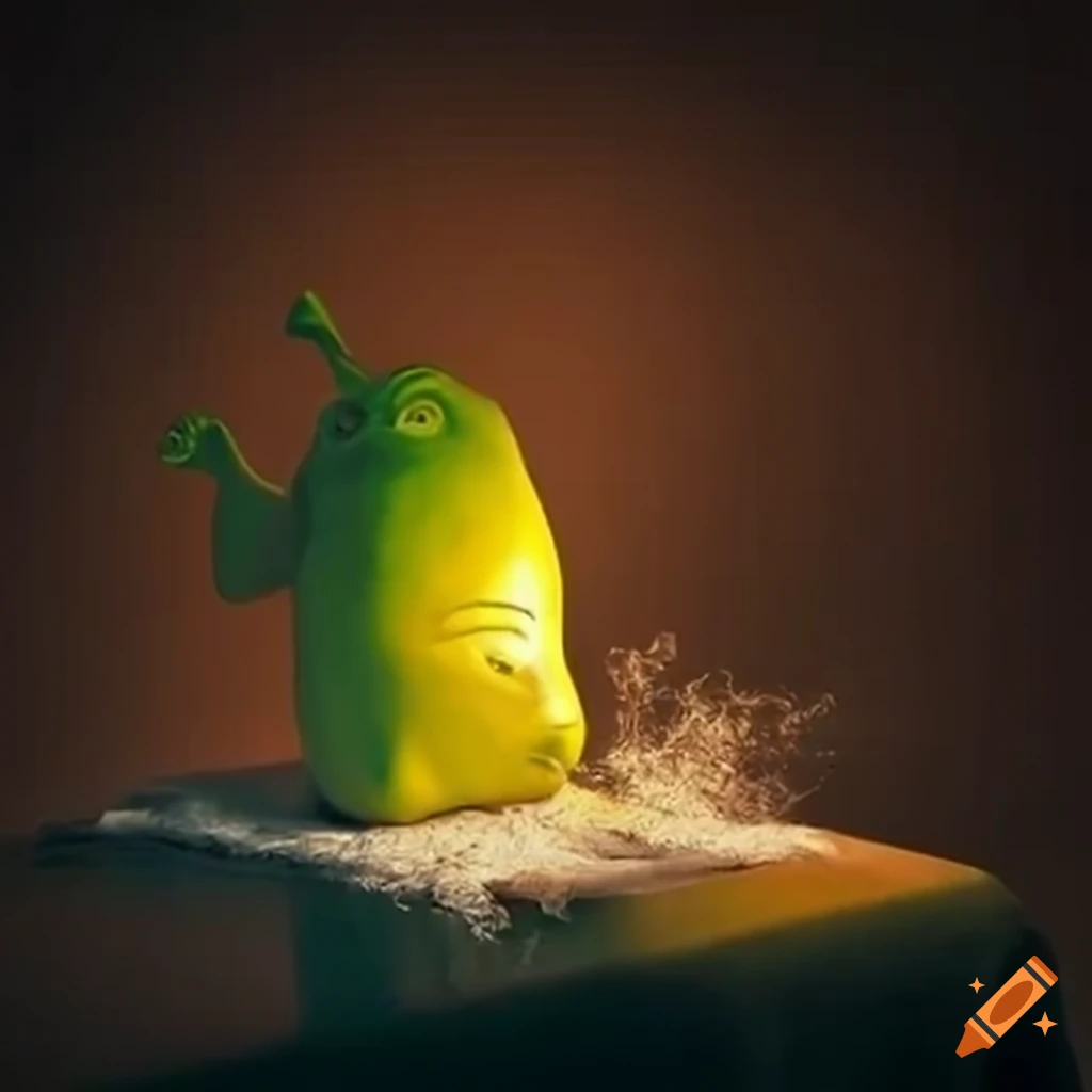 Shrek having fun with substances on a coffee table on Craiyon