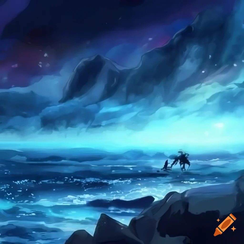 Anime stormy seascape with rocks in the background on Craiyon