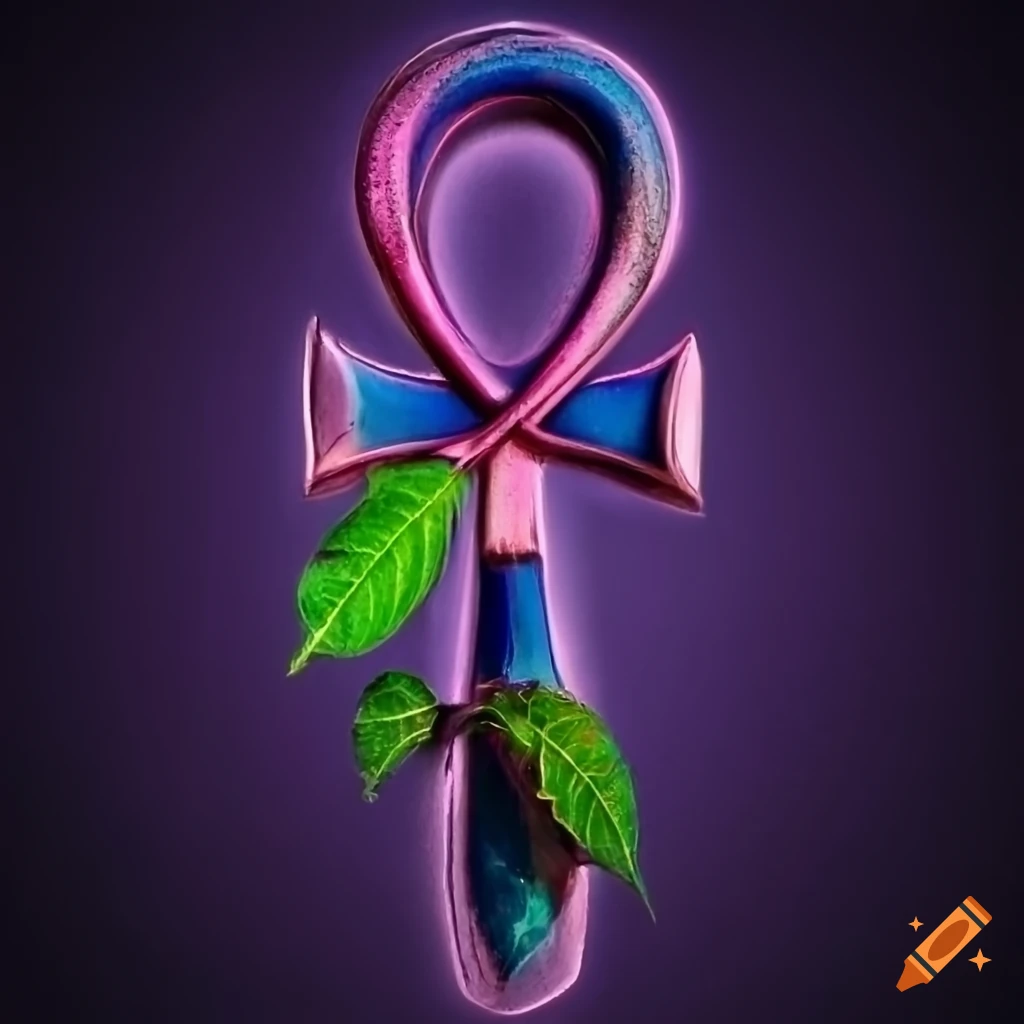 Blue ankh with green and purple leaves on Craiyon