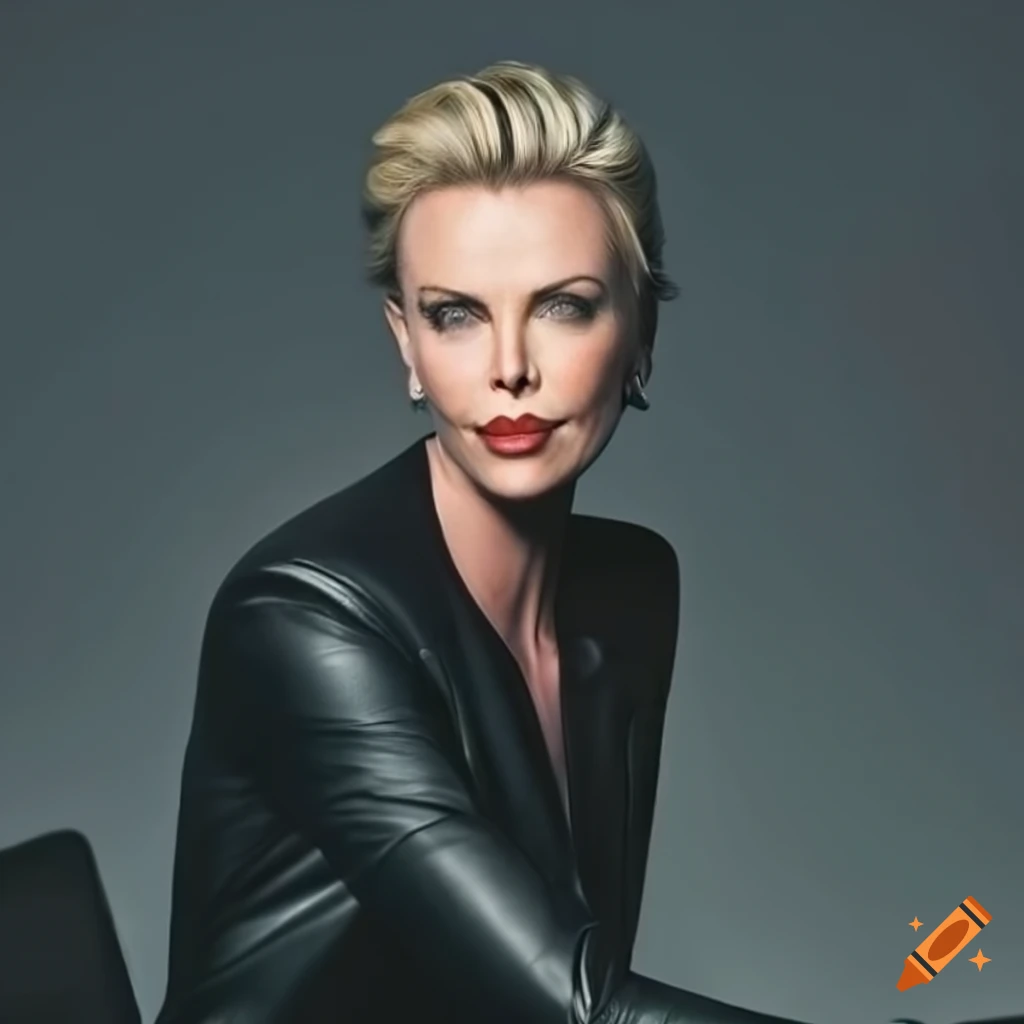 Portrait of Charlize Theron in a stylish black leather suit at an ...