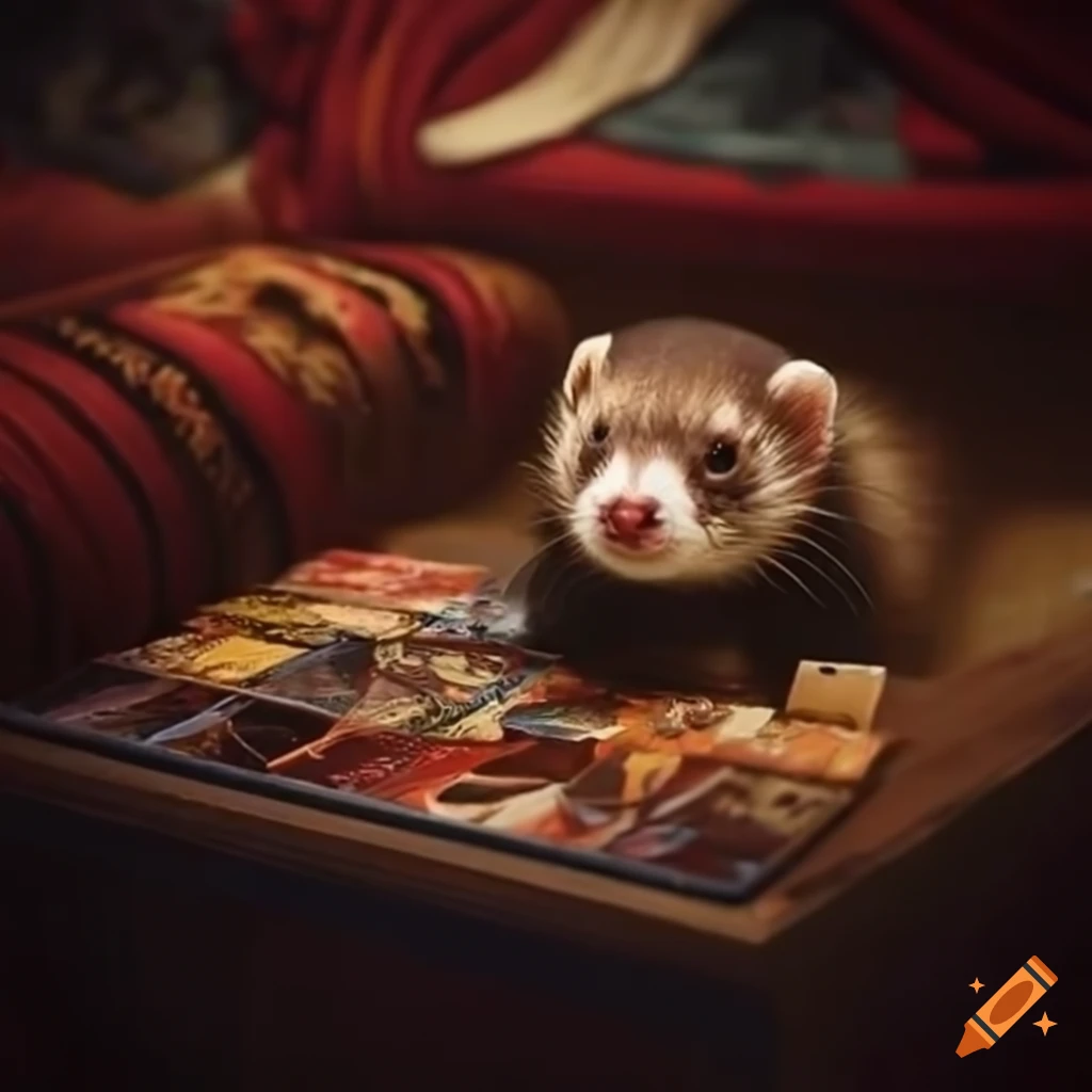 Cozy room with Magic: The Gathering cards and a curious ferret on Craiyon