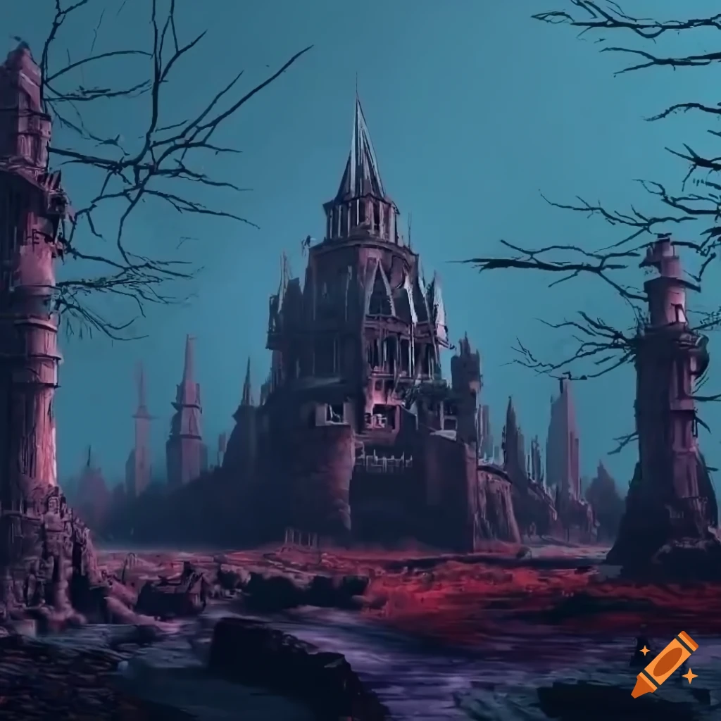 Menacing architecturally intricate fortress with many towers and a high ...