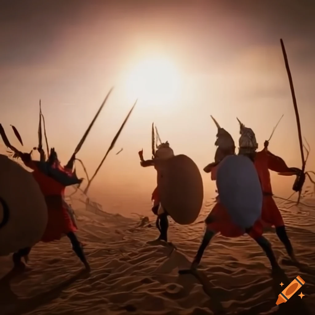 Ancient armies clashing in a desert battlefield on Craiyon