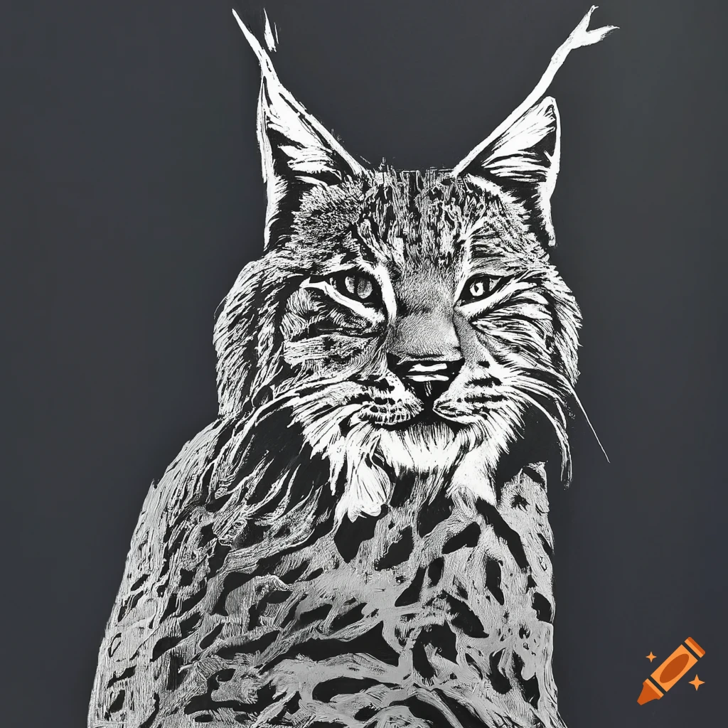 Linocut lynx in wood with high contrast in black and white on Craiyon