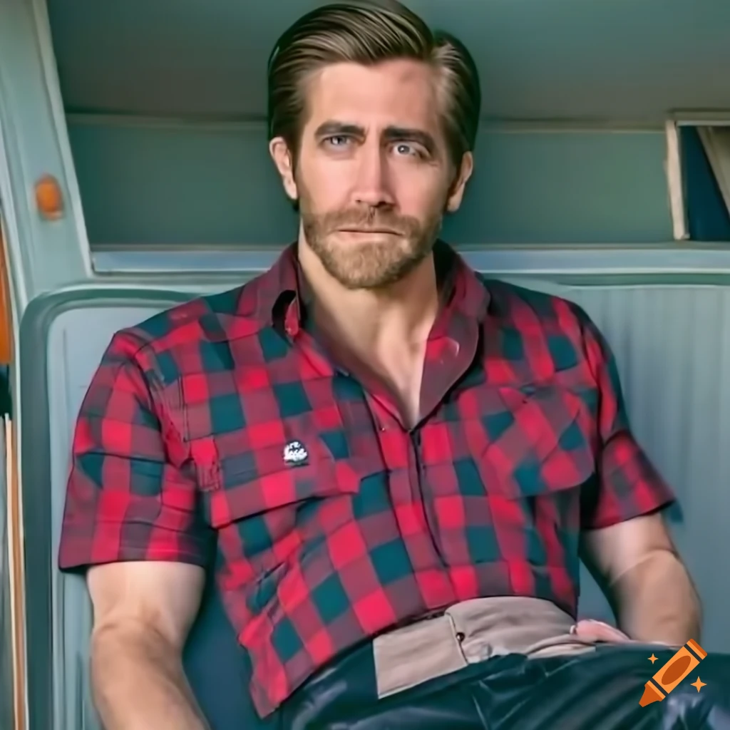 Actor in red plaid shirt and black leather trousers sitting in a vintage caravan interior on Craiyon