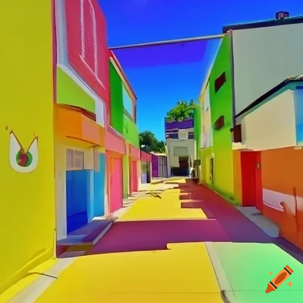 Friendly neighborhood in a liminal place on a sunny day with vivid colors and weirdcore vibe on ...