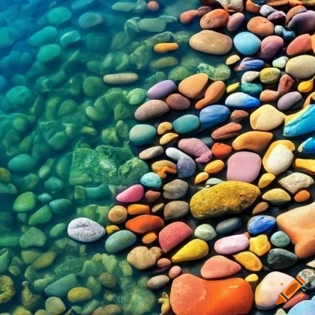 Vividly colored pebbles and rocks forming intricate patterns by the ...