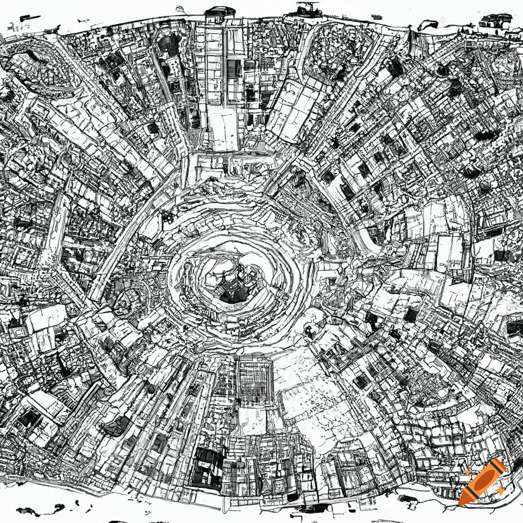 Top-down fantasy map of a city inside a crater on earth on Craiyon