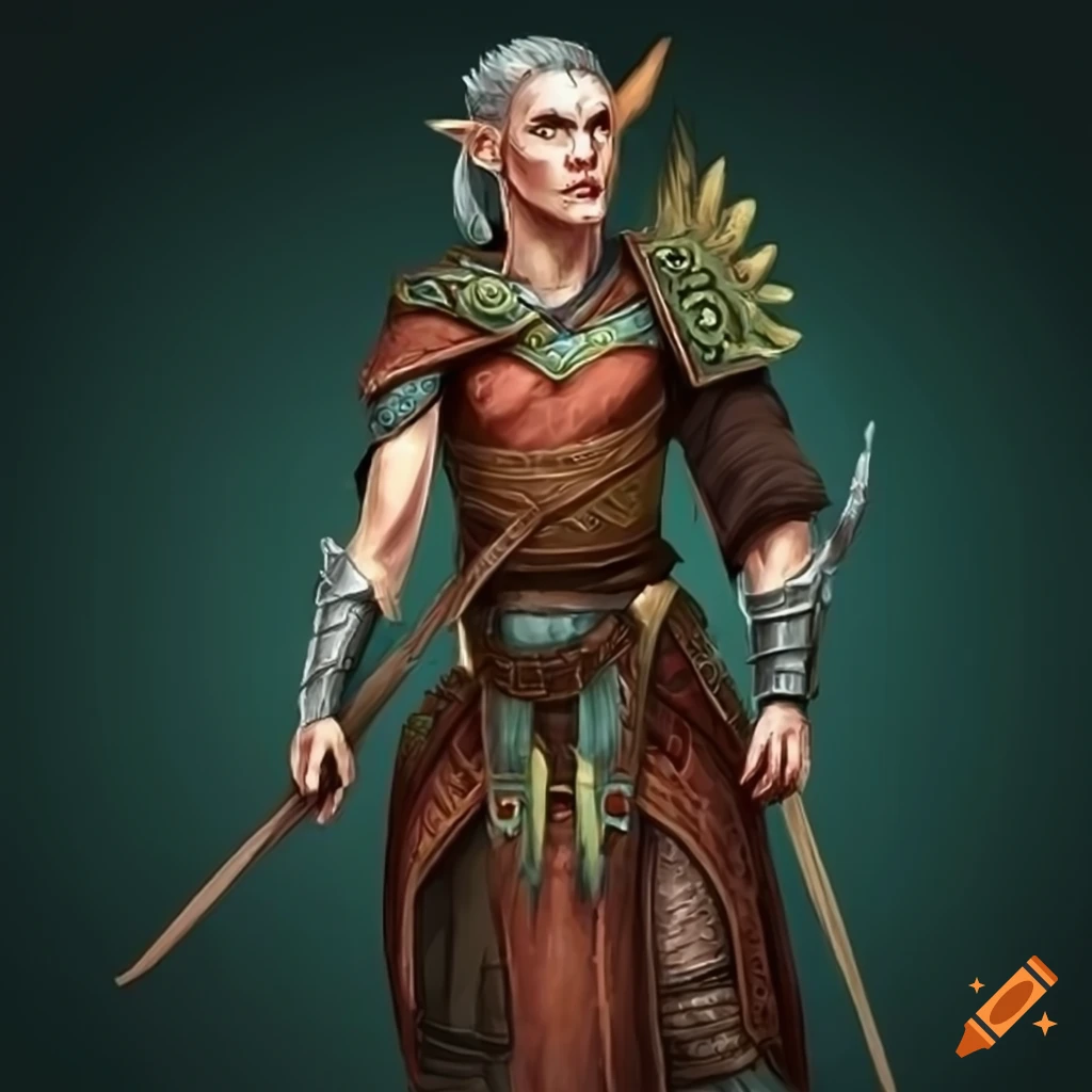 Middle aged half elf in aztec inspired armor on Craiyon
