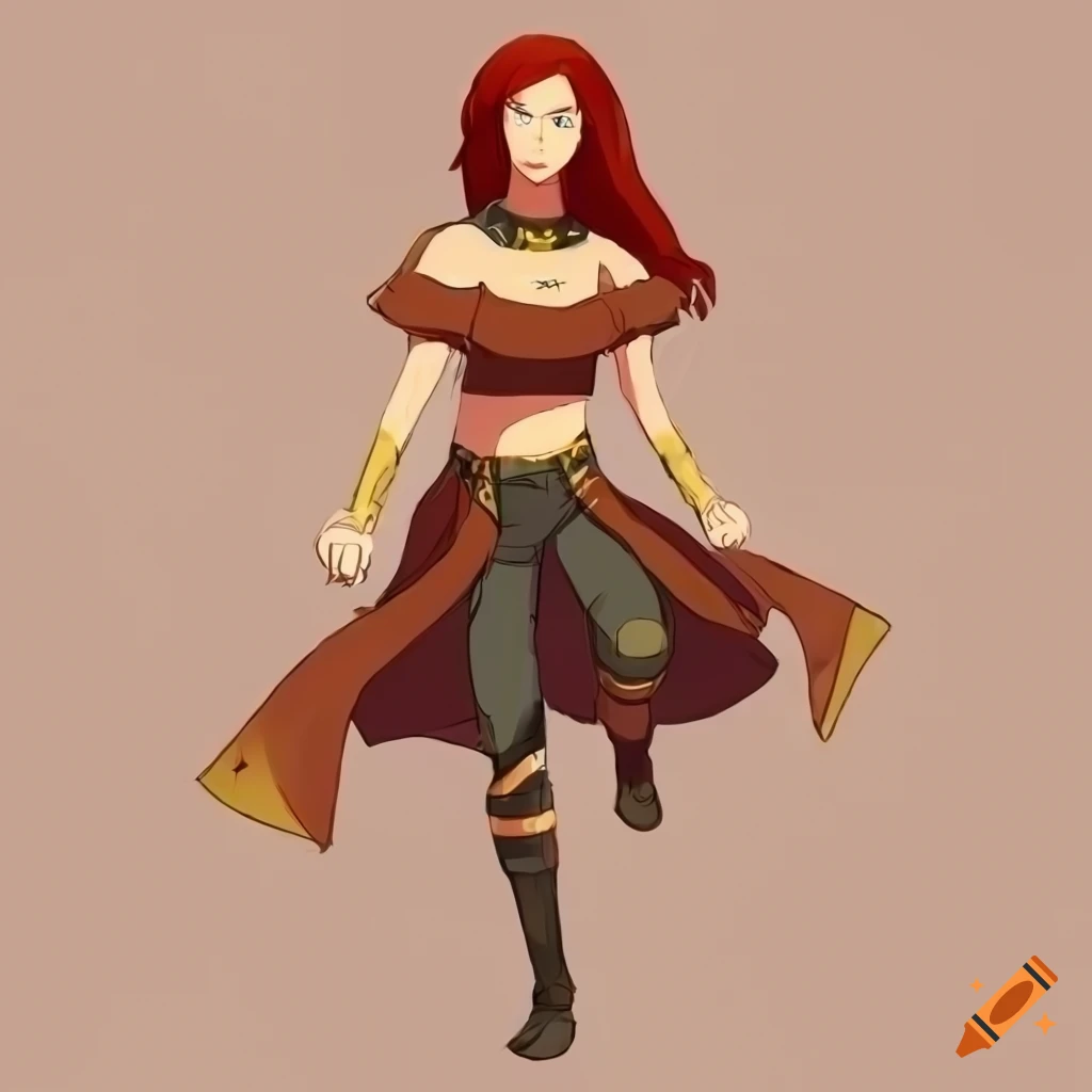 Female earthbender with red hair and crop top in anime style on Craiyon