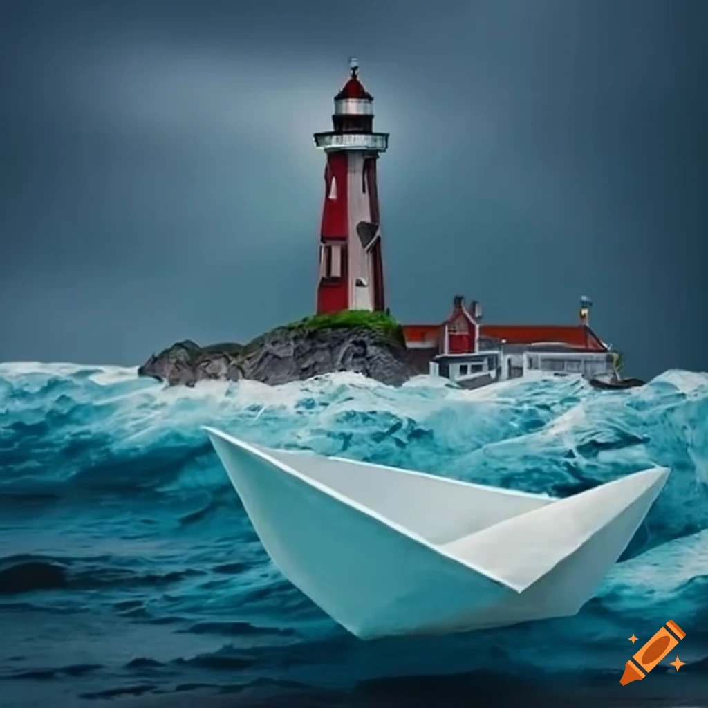 Paper boat navigating rough waters towards a traditional lighthouse on ...