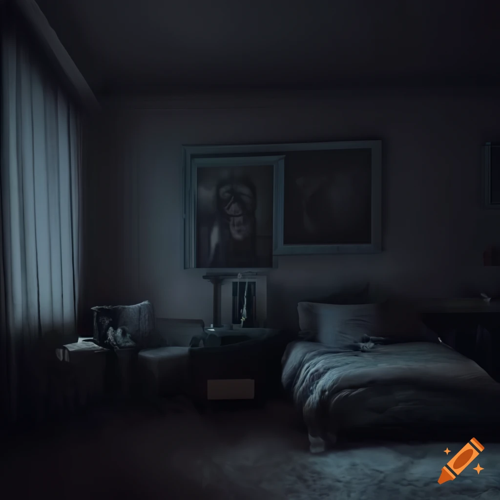 Old bedroom with dark, gloomy atmosphere in night setting on Craiyon