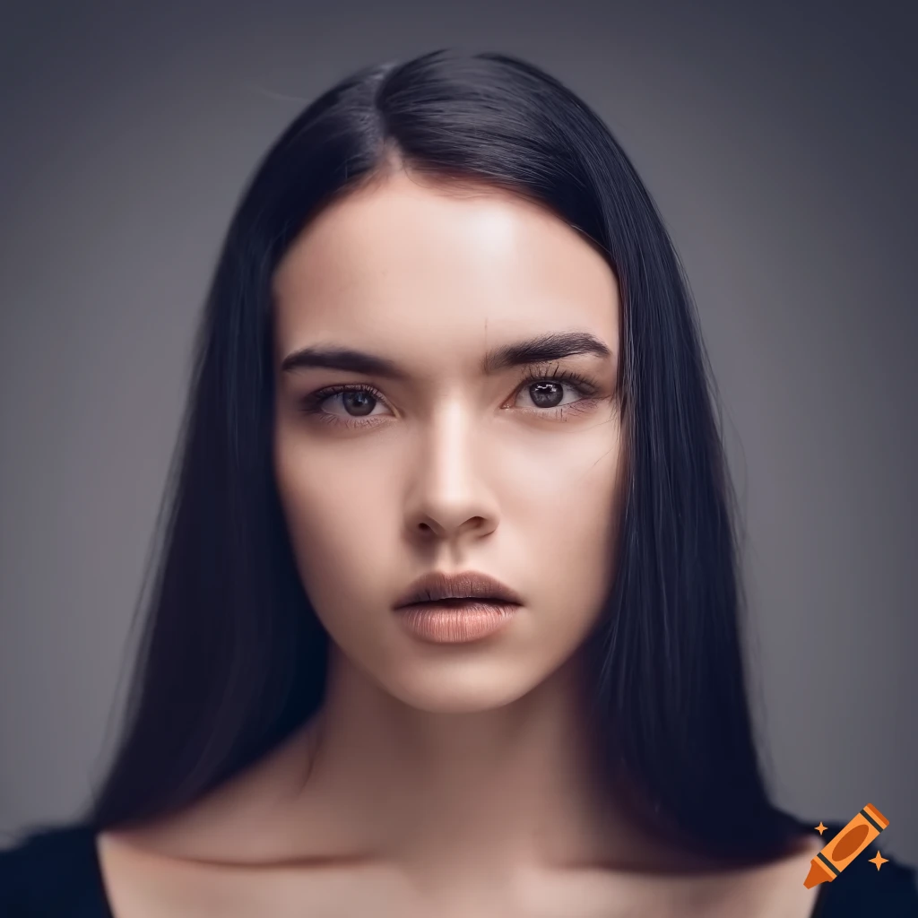 Portrait of a female alternative model with black t-shirt and long wavy ...