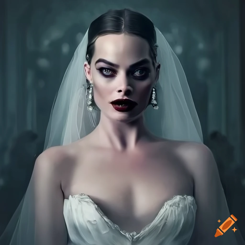 Margot Robbie as a vampire bride in a gothic manor on Craiyon
