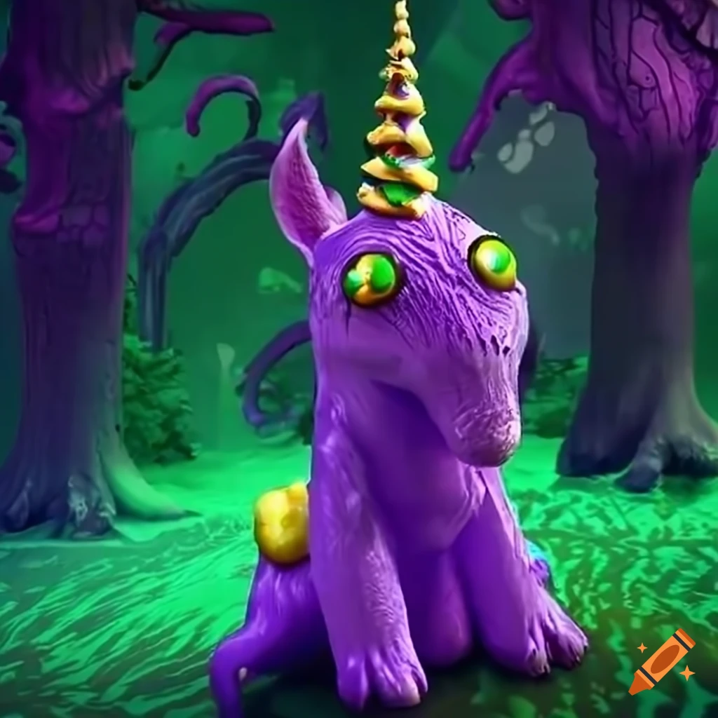 Forest with mythical creatures and a mutant lemon fruit monster in a ...