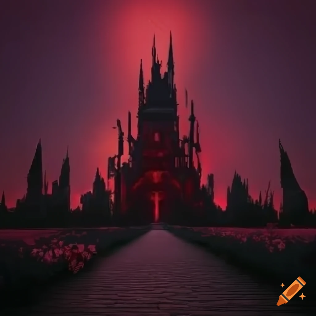 Dark red, black, and purple tower roses field with hellish fortress and asymmetrical crimson ...