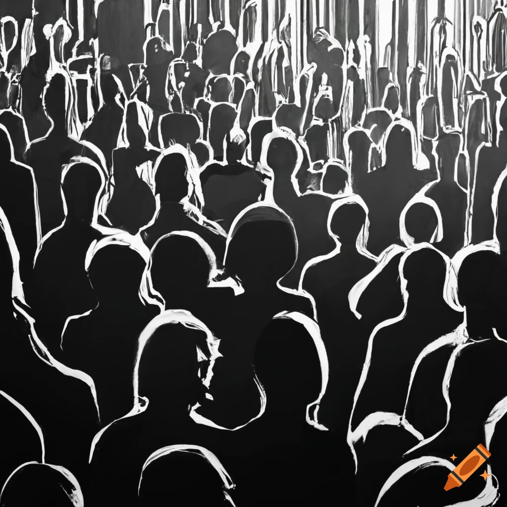 Black and white crowd with one person in colors at the center on Craiyon