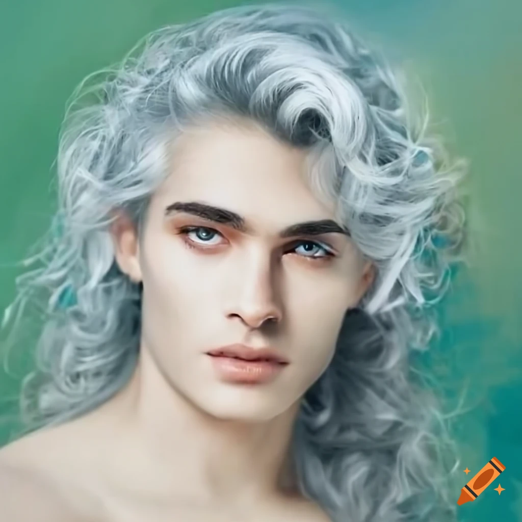 Portrait of a handsome Greek man with turquoise eyes and long white ...