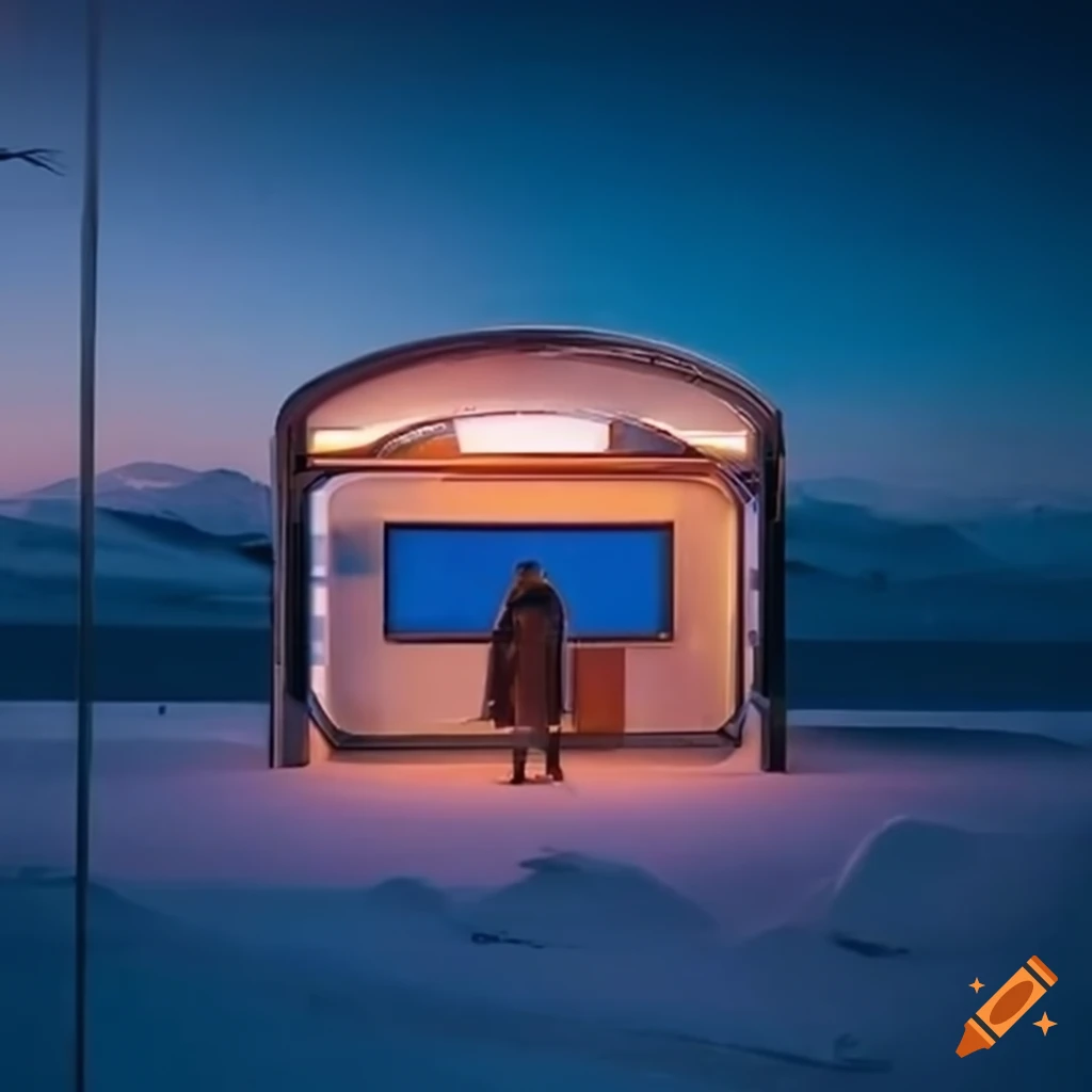 Futuristic illuminated bus stop in an icy arctic landscape on Craiyon