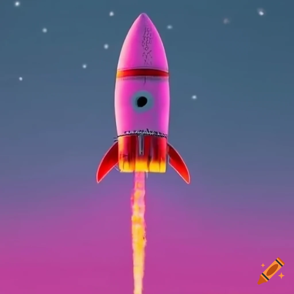 Neon pink rocket ship blasting off from a baseball field on Craiyon