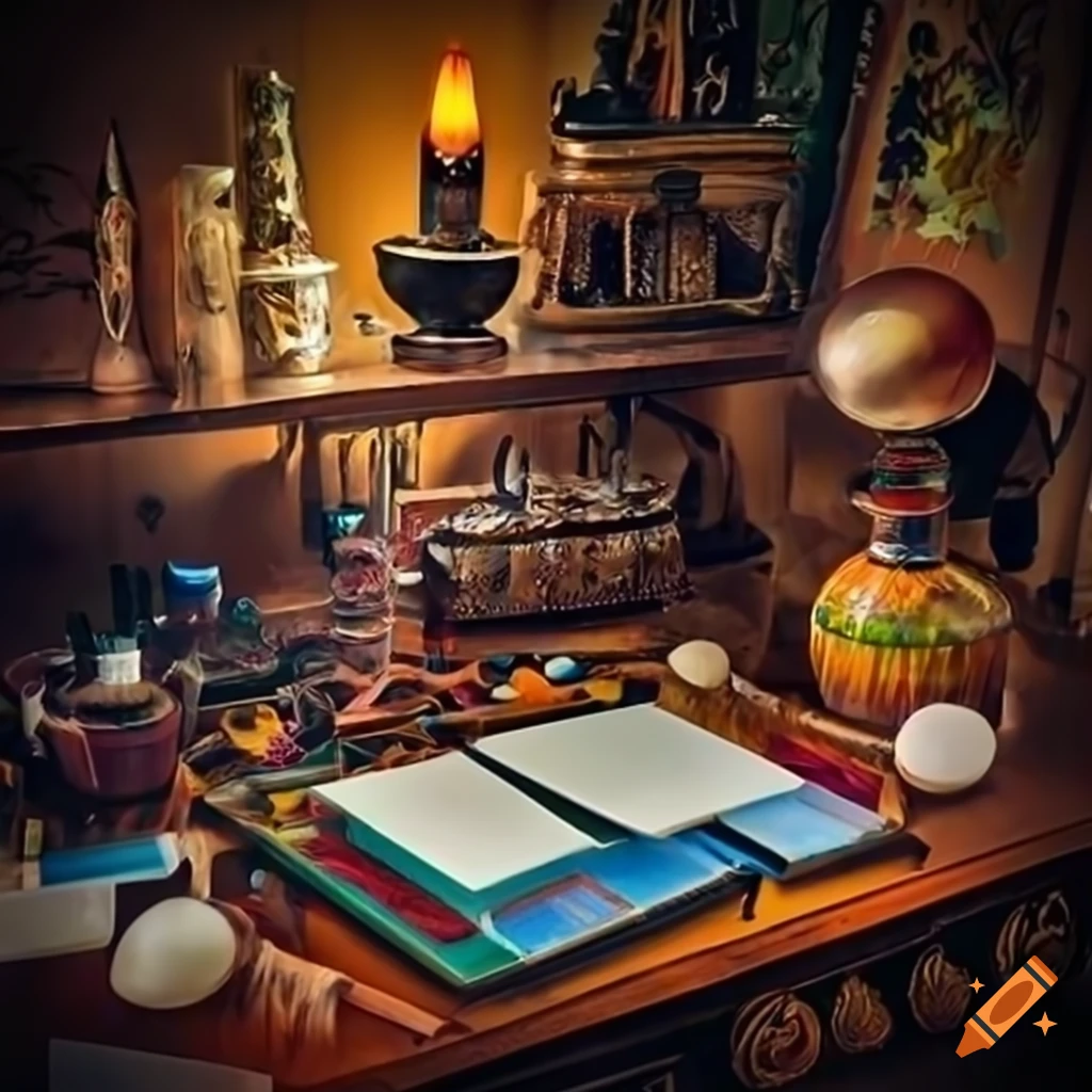 Fantasy desk with colorful potions and a knife on Craiyon