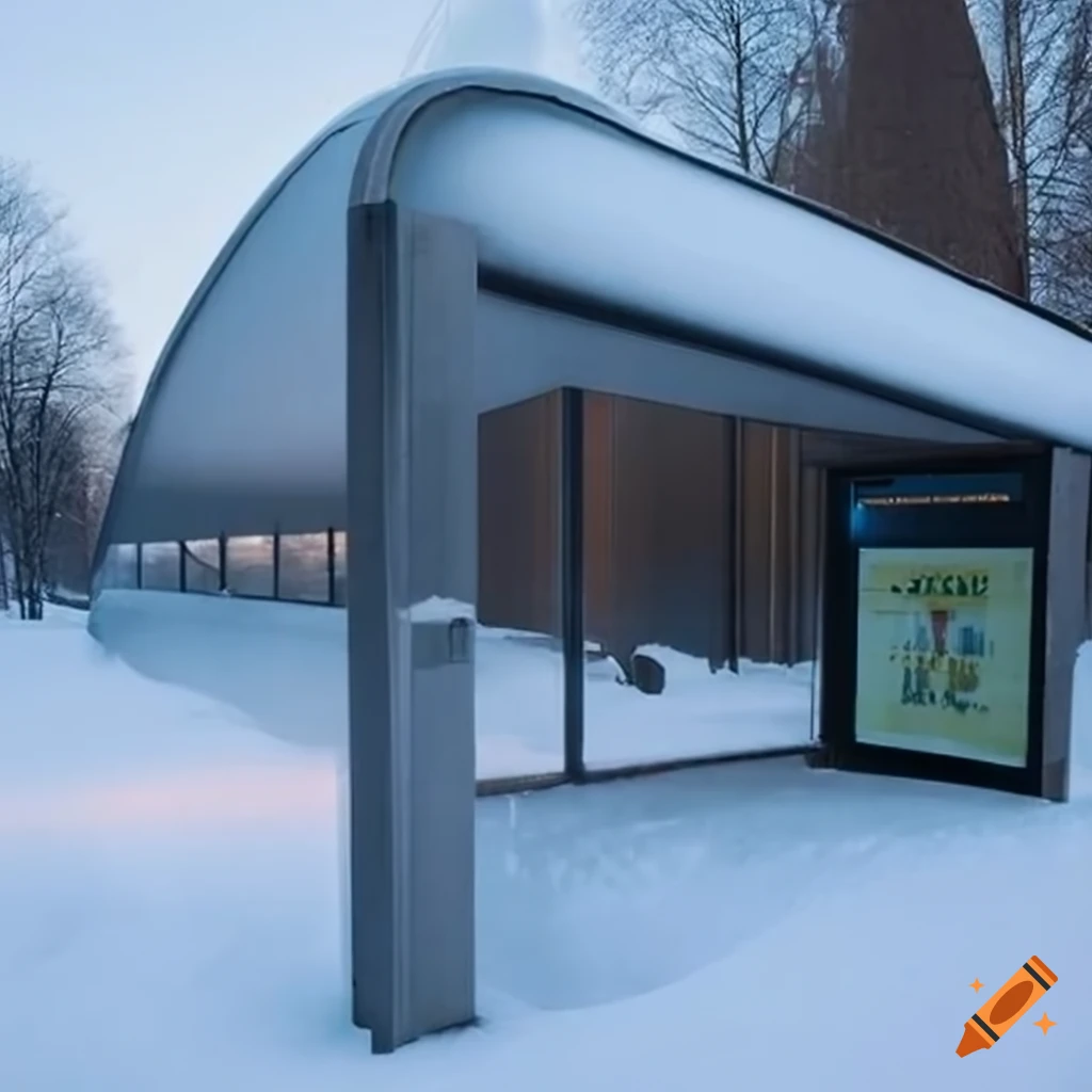 Futuristic curvy bus stop with see-through walls in a snowy Finnish ...
