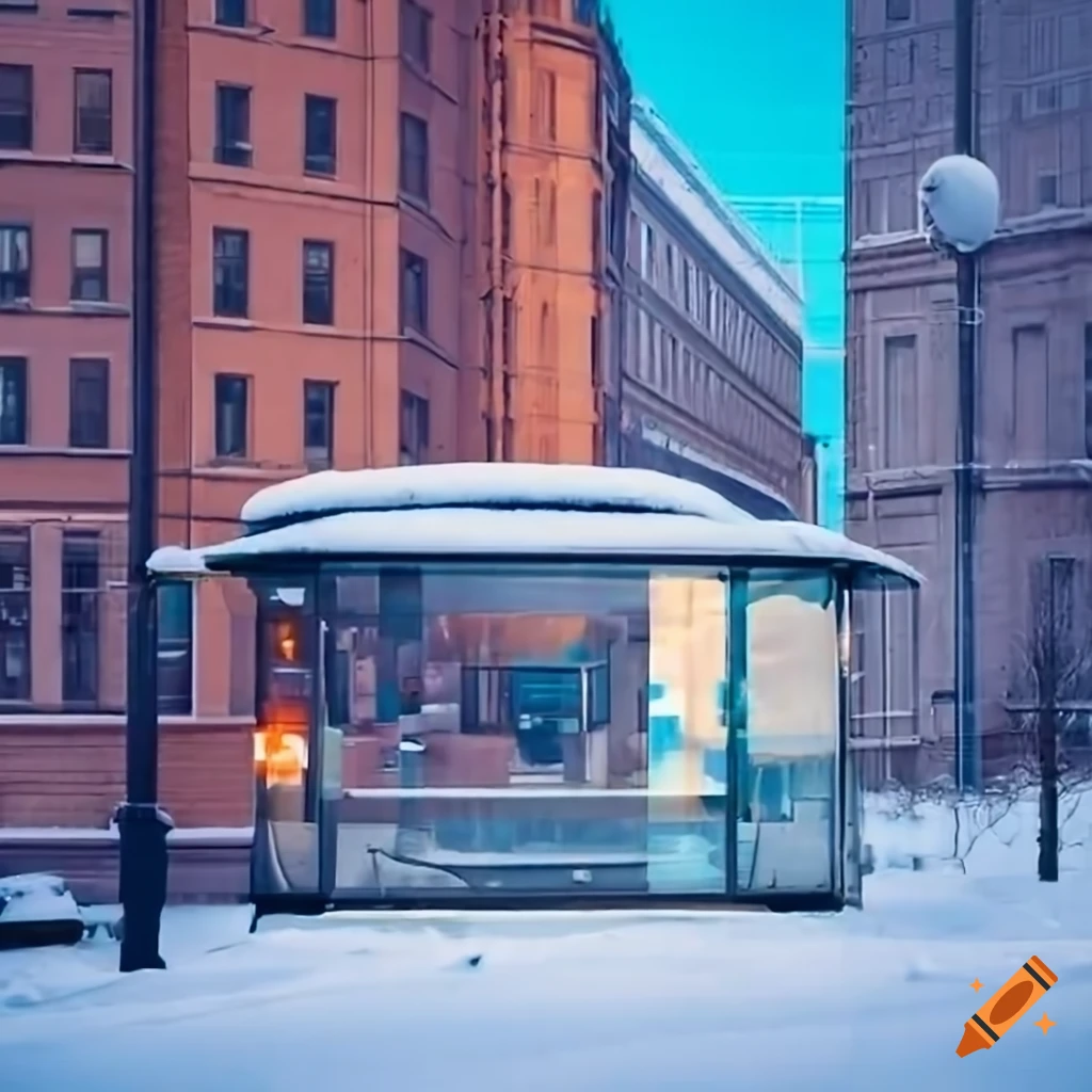 Futuristic bus stop with see-through walls in snowy Finnish cityscape ...