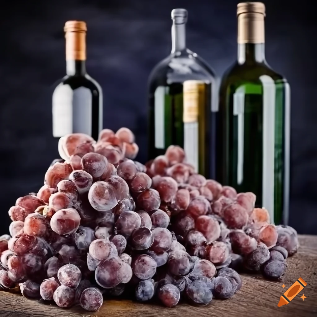 Frozen grape clusters with a bottle of wine on Craiyon