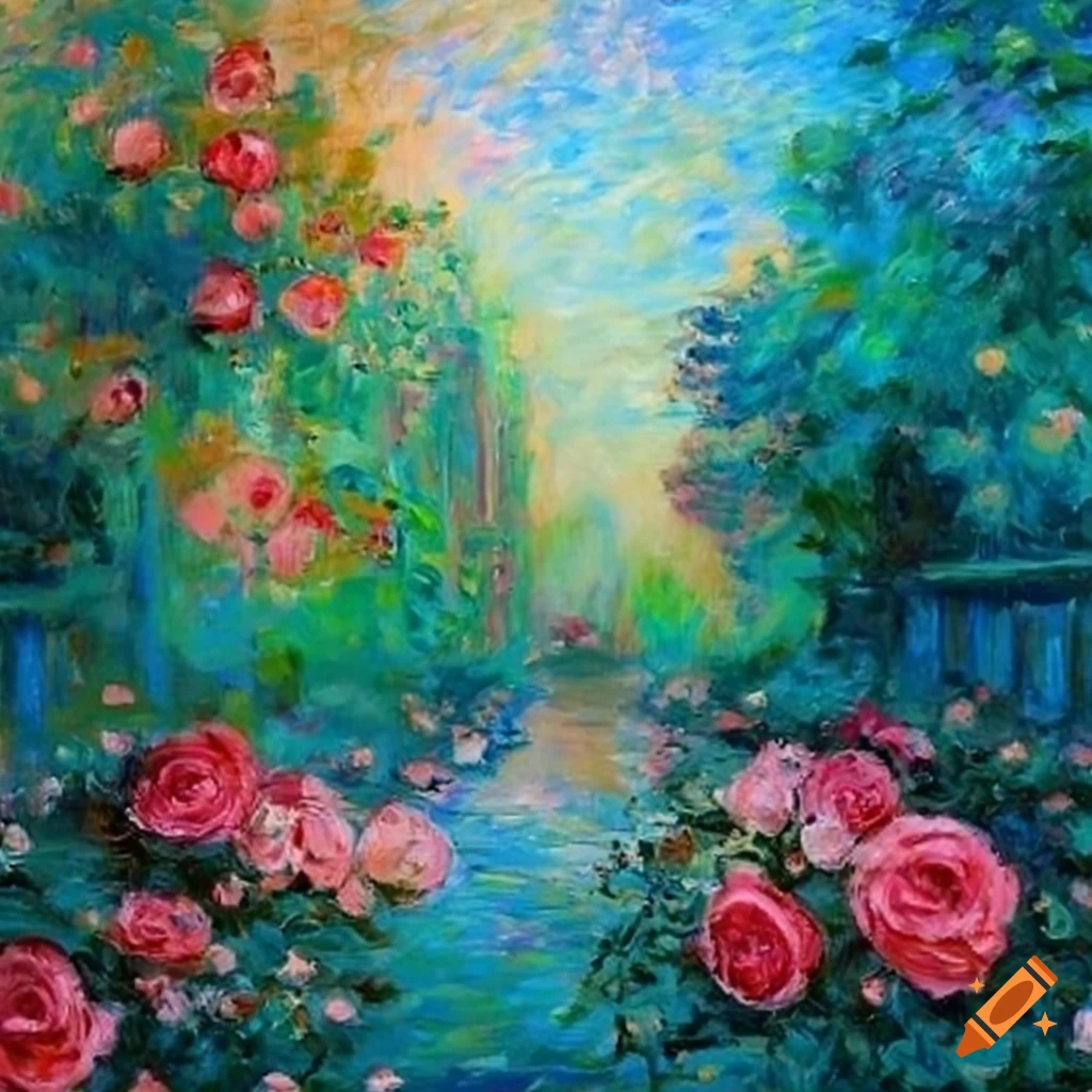 Rose garden painted in monet style on Craiyon
