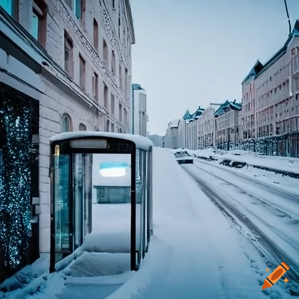 Futuristic bus stop with see-through walls in a snowy Finnish cityscape ...