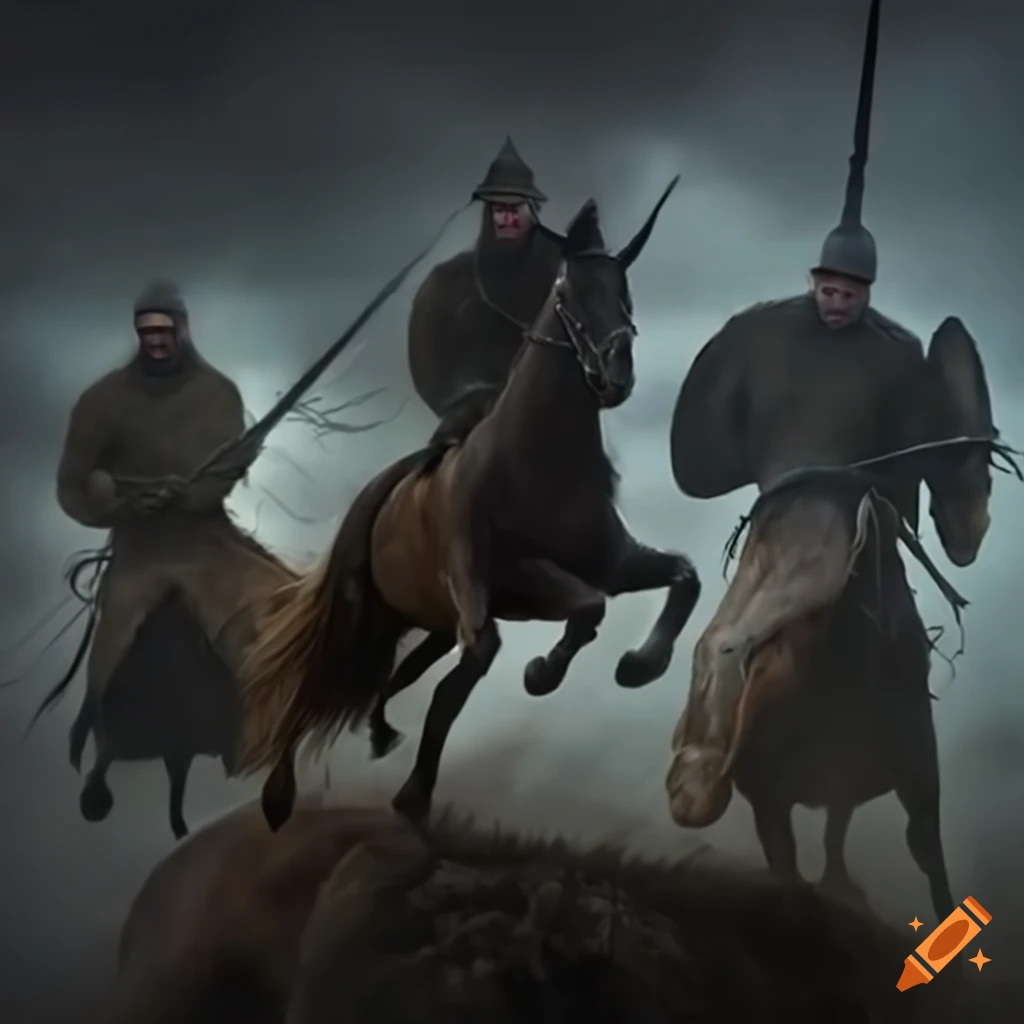Three vikings riding horses through the dark sky on Craiyon