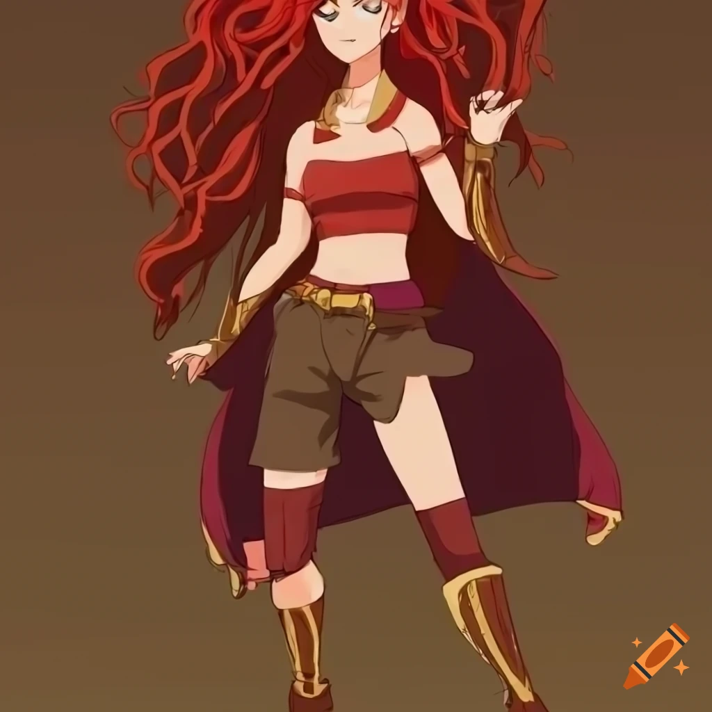 Female earthbender with red hair and crop top in anime style on Craiyon