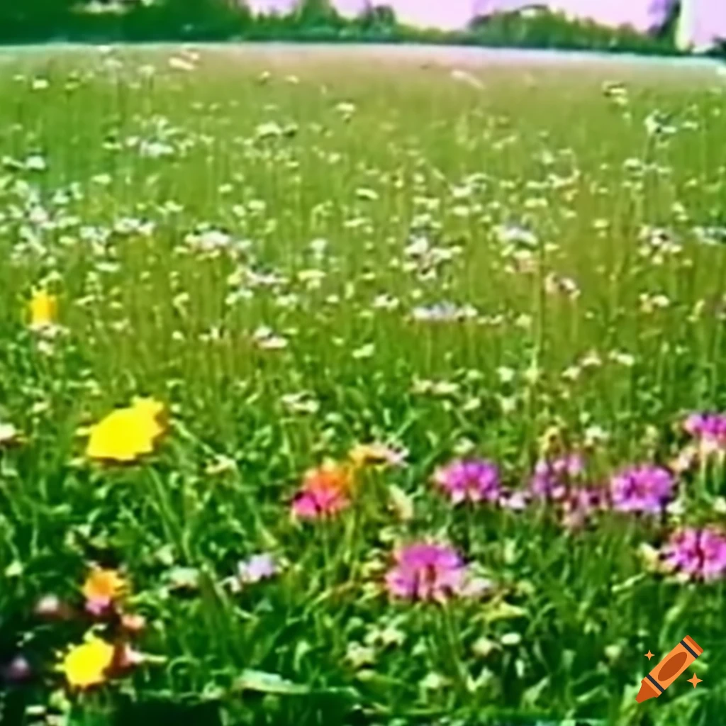 Grass with flowers in a vintage vhs style on Craiyon