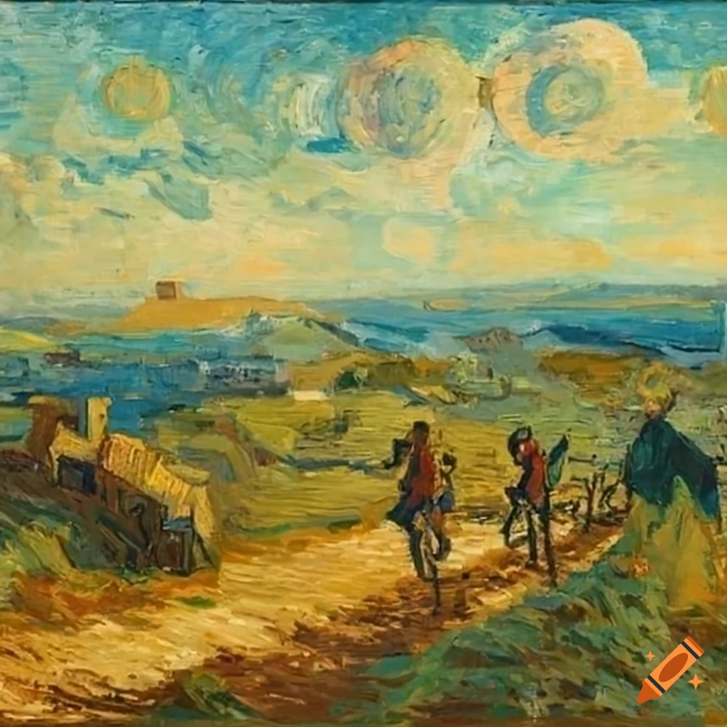 Van Gogh style landscape with hills, wind turbines, village paths ...