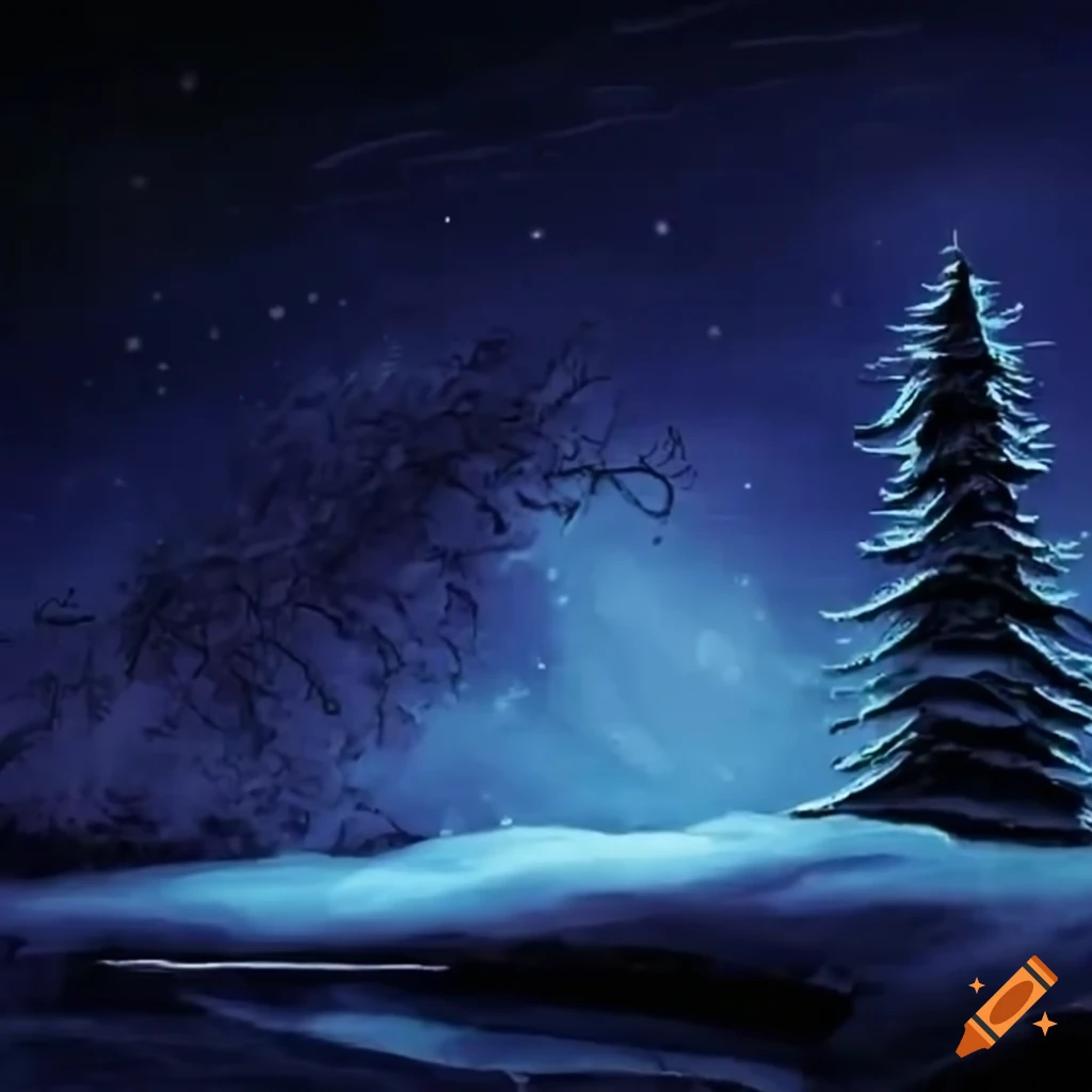 Dynamic drawing of a snowstorm at night on Craiyon