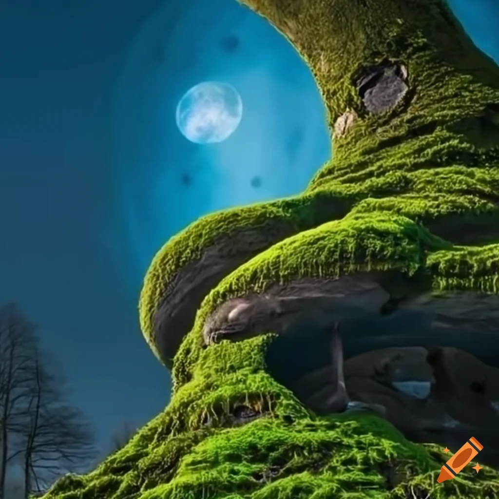 Moss-covered helicoidal tree-building on an exoplanet moon on Craiyon