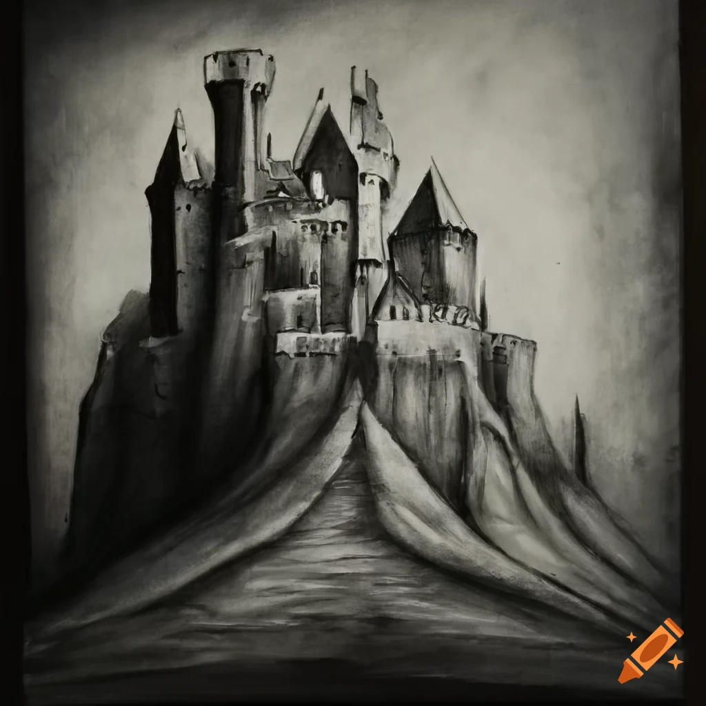 Medieval asymmetrical castle charcoal pencil drawing in perspective on ...
