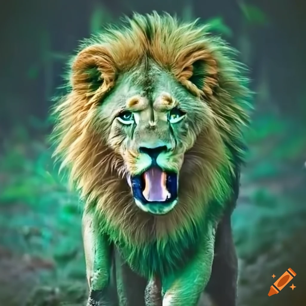 Green lion roaring on Craiyon