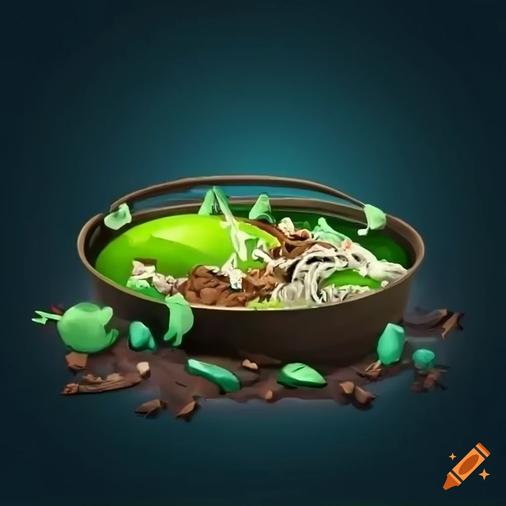 Messy cartoon pig trough with rotting food and bones on Craiyon