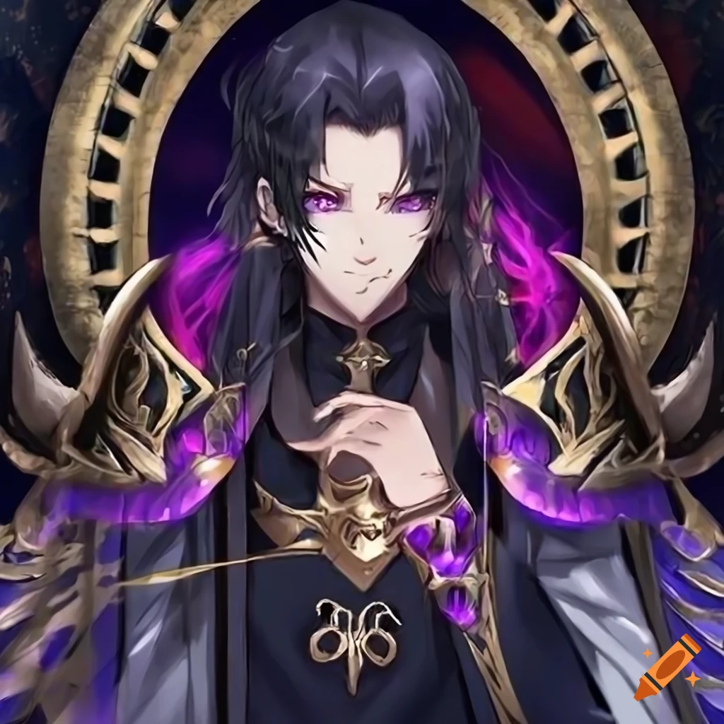 Anime-style portrait of a regal male demon lord on a throne with violet ...