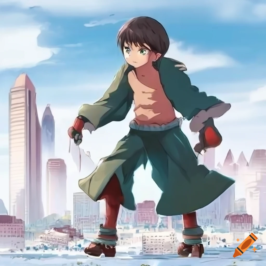 Giant boy destroying tiny city in anime style full-length portrait on ...