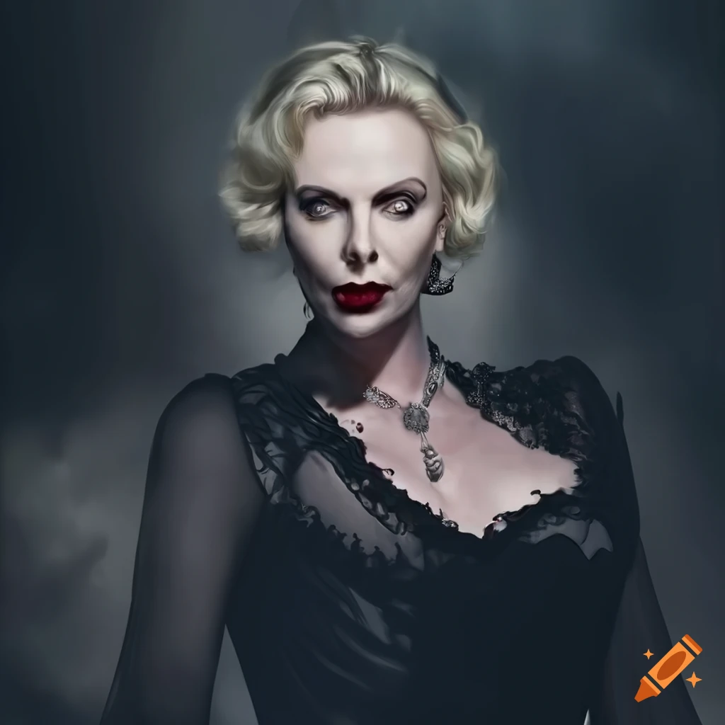 Portrait of vampire countess Charlize Theron in Victorian attire with ...
