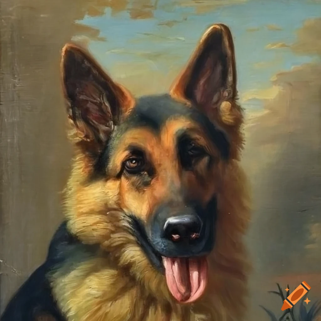 1800s oil painting portrait of a german shepherd in a landscape on Craiyon