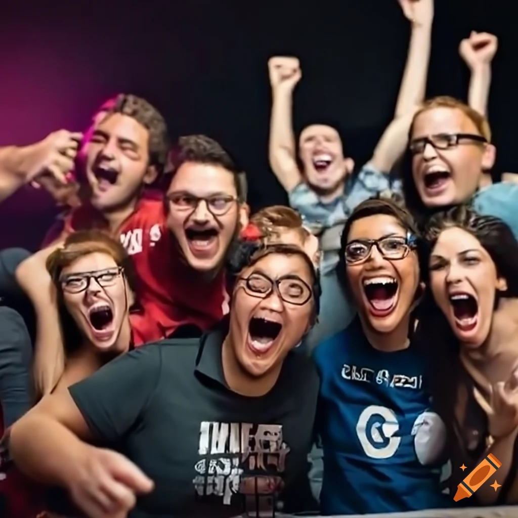 Diverse office team cheering after a game night victory on Craiyon