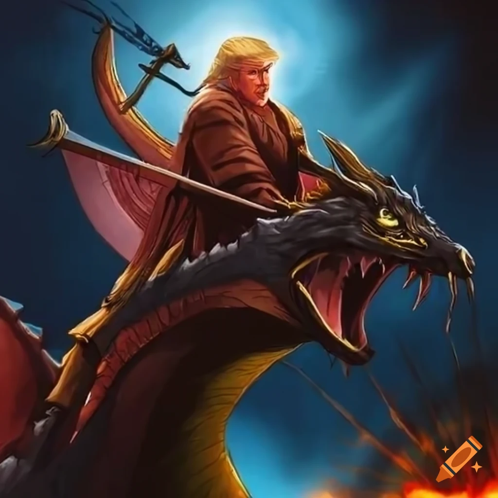 Trump riding a dragon with a sword in dramatic lighting, comic book ...