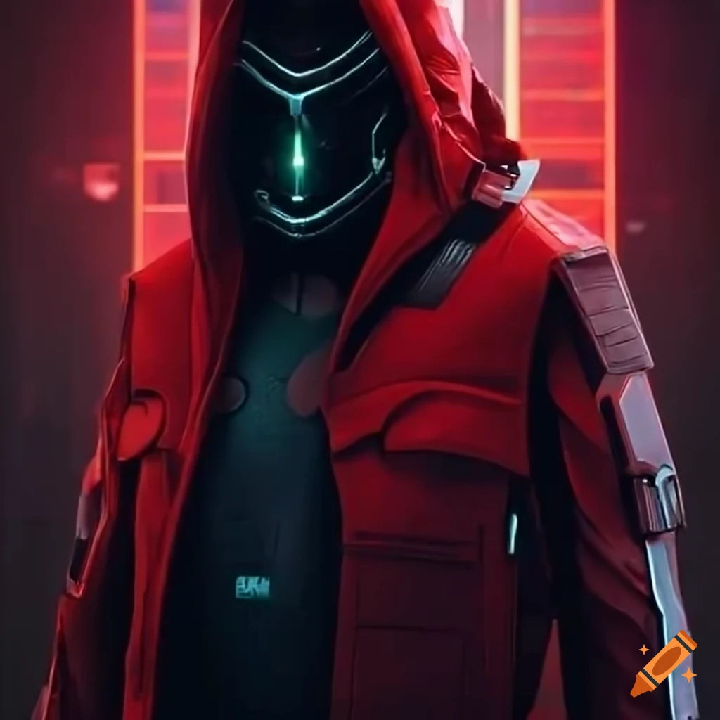 Cyberpunk robot with a digital mask in a red coat on Craiyon