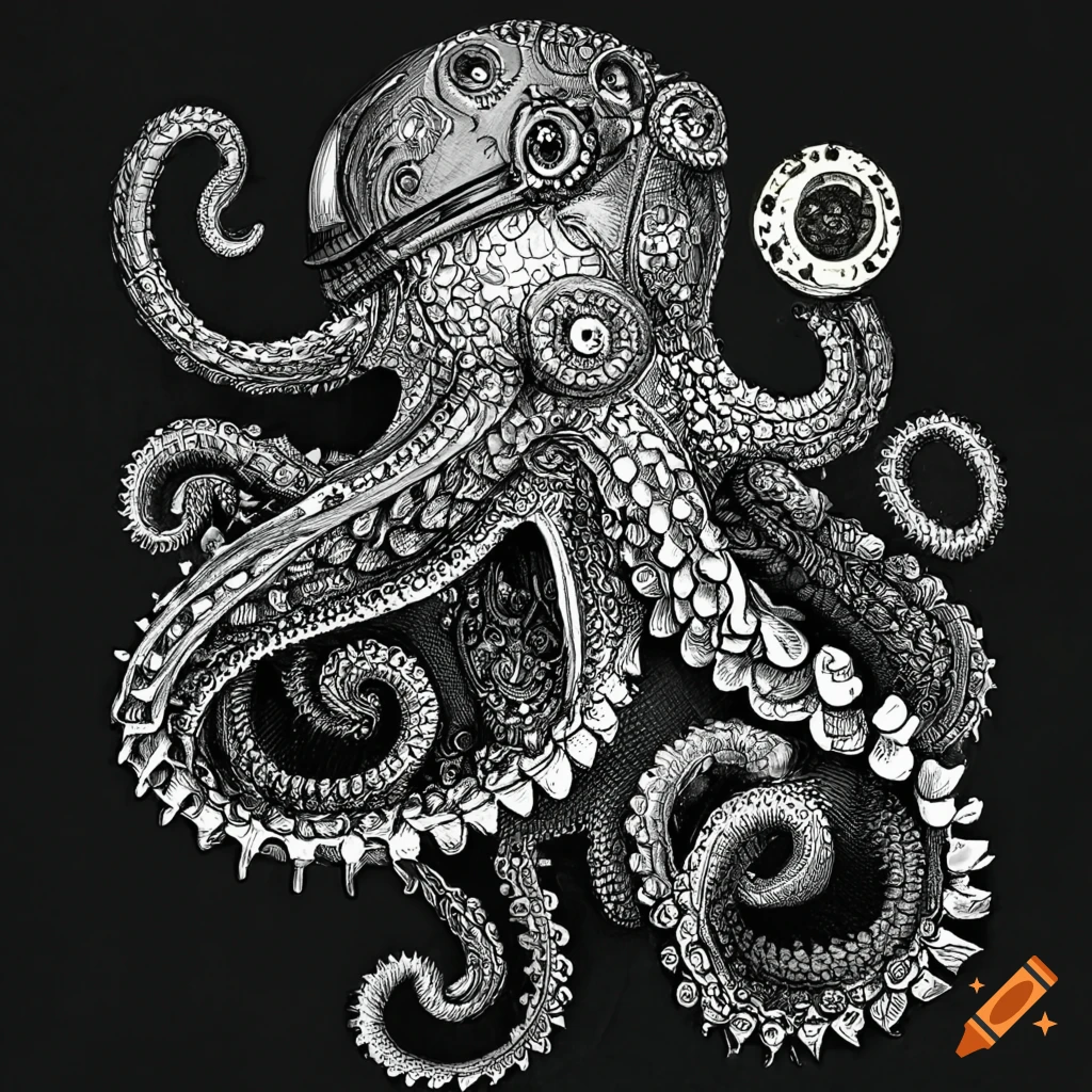 Steampunk octopus in black and white coloring on Craiyon